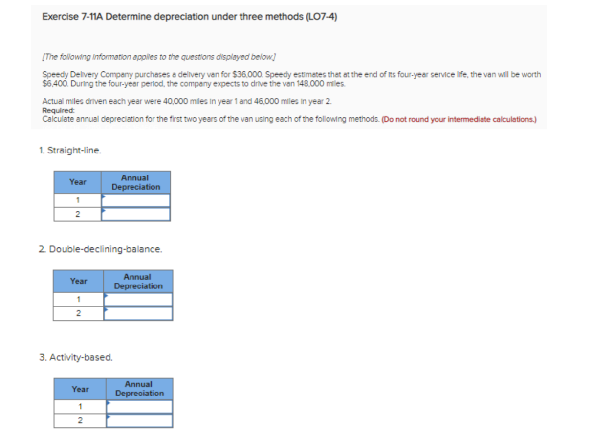 Solved Exercise 7-11A Determine depreciation under three | Chegg.com