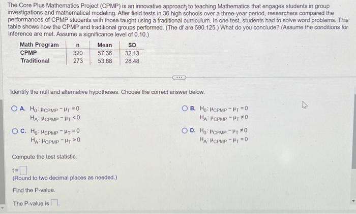 Solved The Core Plus Mathematics Project (CPMP) is an | Chegg.com