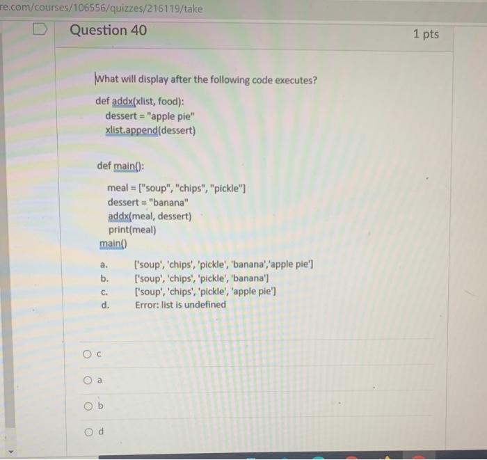 Solved What will display after the following code executes? | Chegg.com