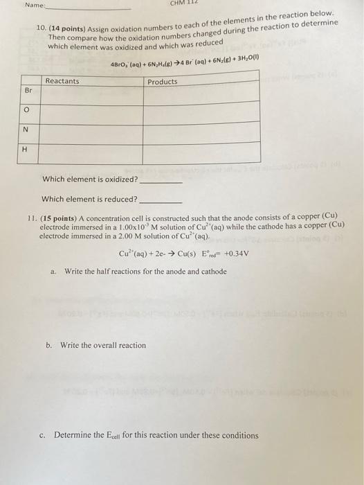 Solved Name: CHN 10.(14 points) Assign oxidation numbers to | Chegg.com