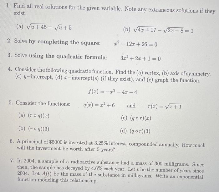 Solved 1. Find all real solutions for the given variable. | Chegg.com