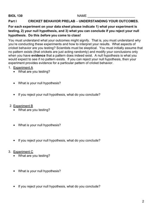 BIOL 130 NAME Part 1 CRICKET BEHAVIOR PRELAB - | Chegg.com