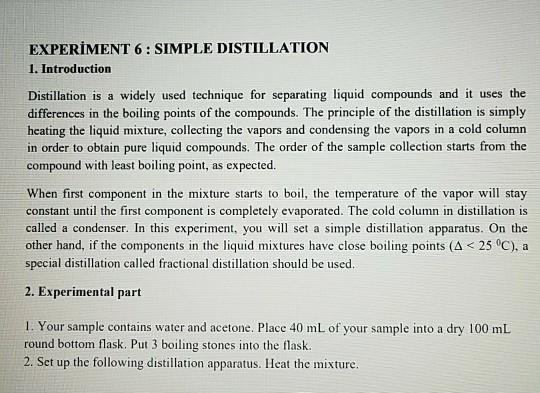 Solved EXPERIMENT 6 : SIMPLE DISTILLATION 1. Introduction | Chegg.com