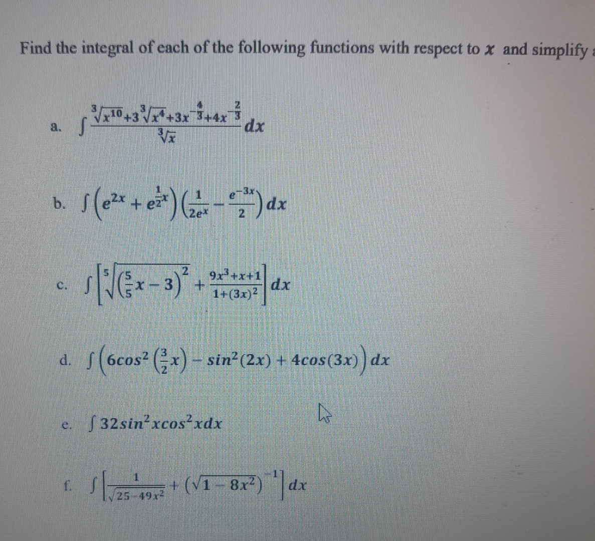 Solved Find the integral of each of the following functions | Chegg.com