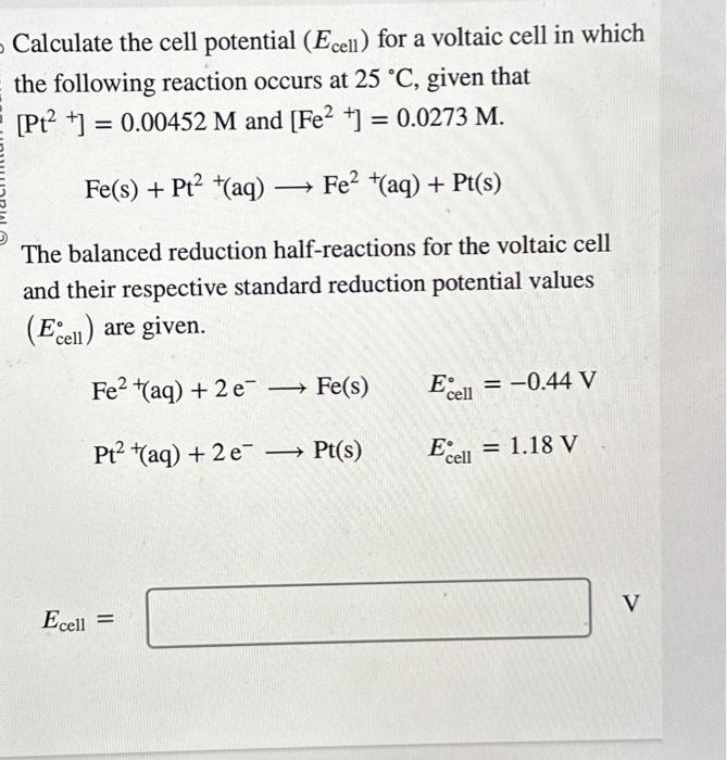 Solved Calculate The Cell Potential Ecell For A Voltaic