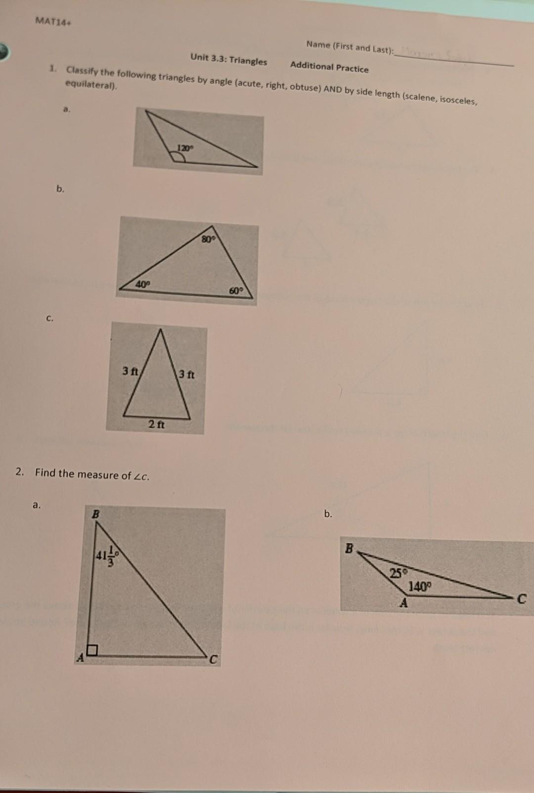 Solved MAT14+ Name (First and Last): Unit 3.3: Triangles | Chegg.com
