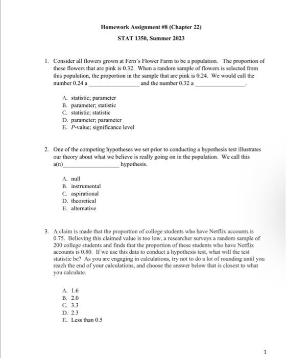 Solved Homework Assignment \#8 (Chapter 22) STAT 1350, | Chegg.com