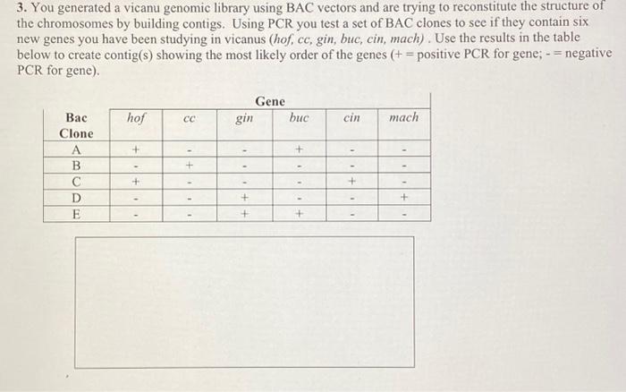 Solved 3. You generated a vicanu genomic library using BAC | Chegg.com