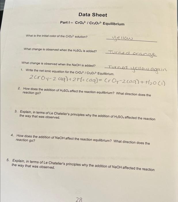 Solved Data Sheet Part 1 - Cro.2./ Cr2O2. Equilibrium What | Chegg.com