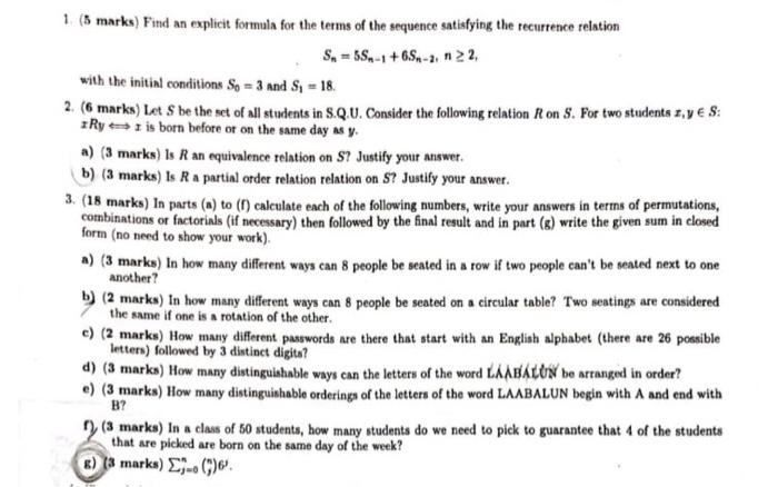 Solved 1. (5 marks) Find an explicit formula for the terms | Chegg.com