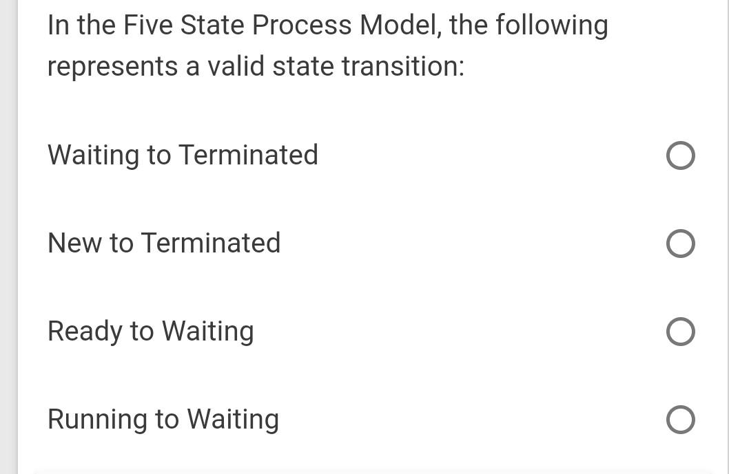 Solved In the Five State Process Model, the following | Chegg.com