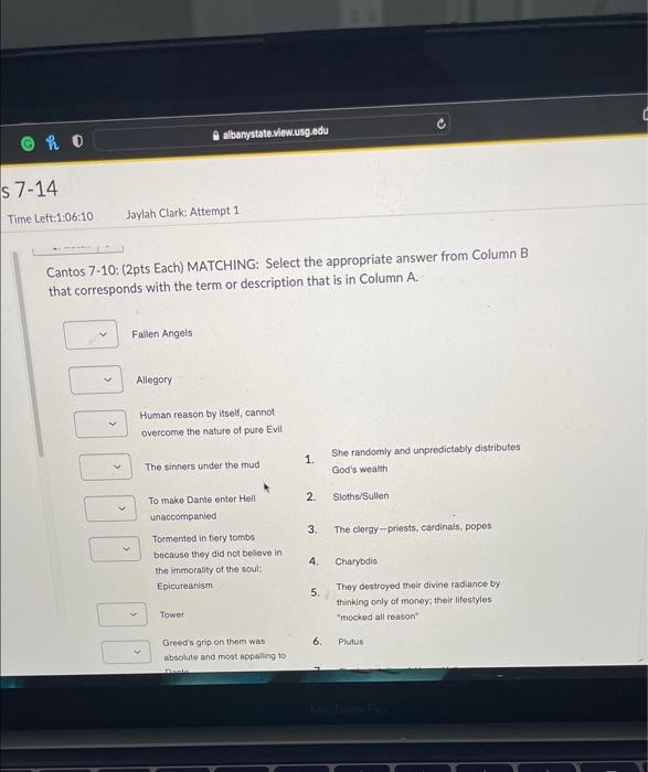 Cantos 7-10: (2pts Each) MATCHING: Select the | Chegg.com