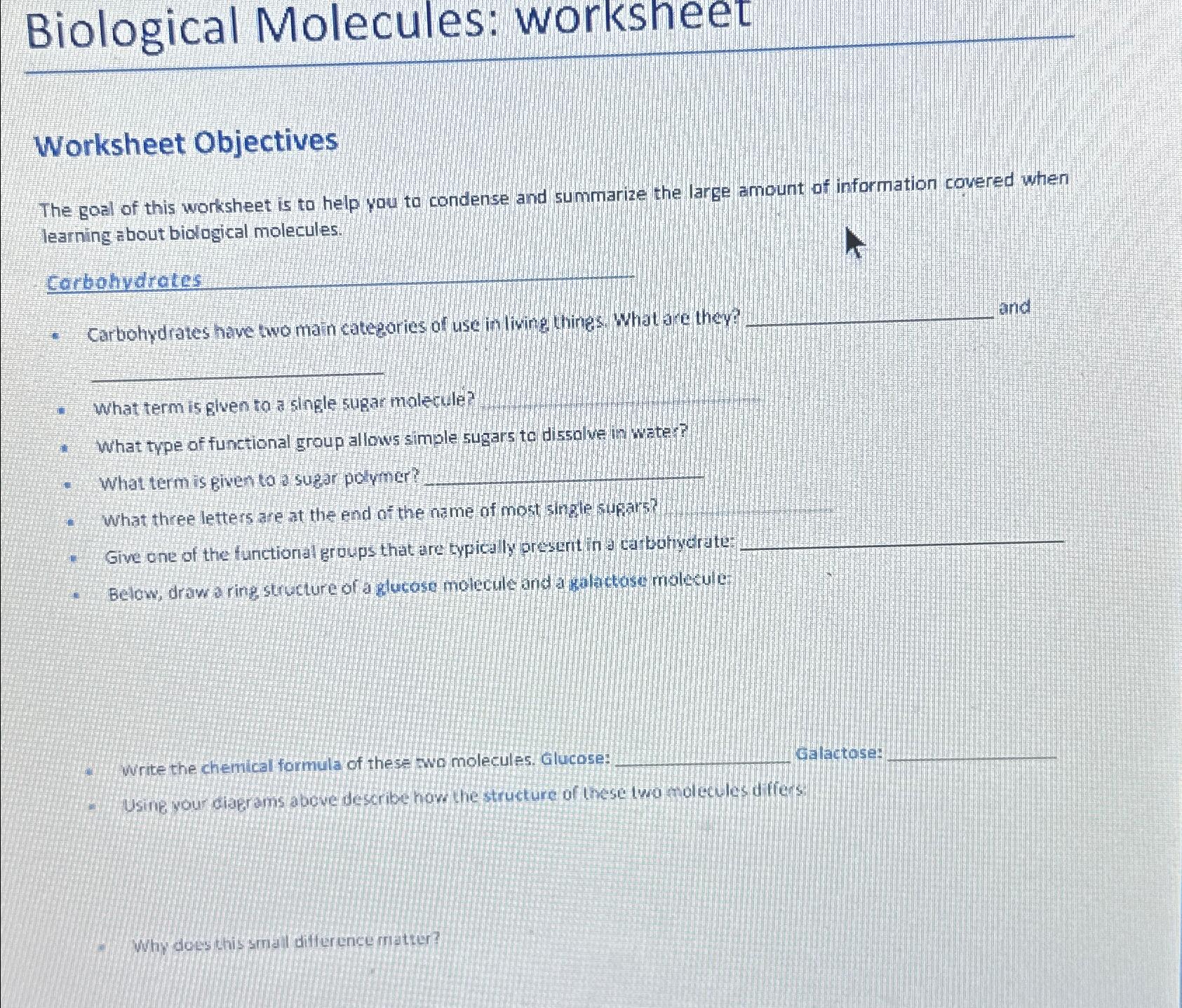 Solved Biological Molecules: worksheetWorksheet | Chegg.com
