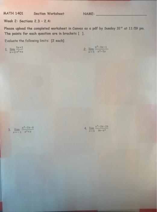 Solved NAME: MATH 1401 Section Worksheet Week 2: Sections | Chegg.com