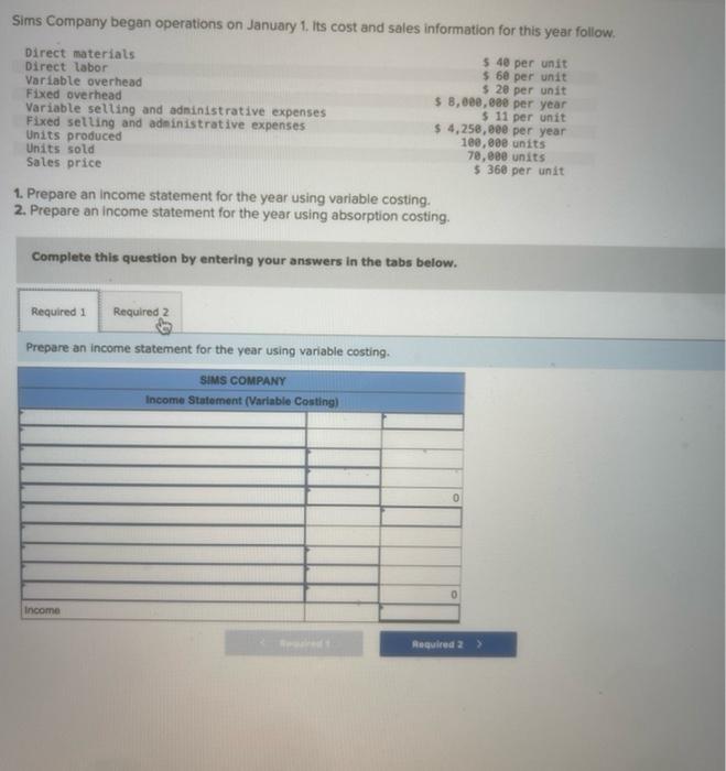 Solved Sims Company began operations on January 1. its cost | Chegg.com