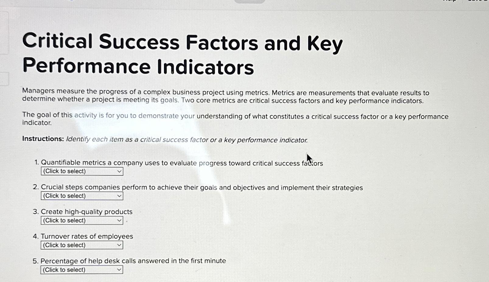 Solved Critical Success Factors and Key Performance | Chegg.com