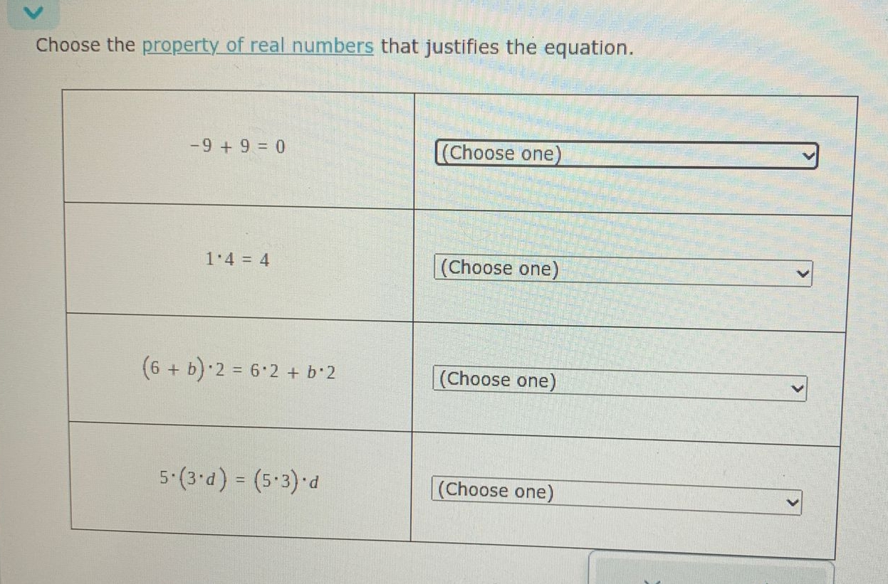 Solved Choose the property of real numbers that justifies | Chegg.com