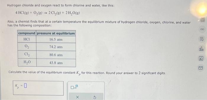 Solved Hydrogen chloride and oxygen react to form chlorine | Chegg.com