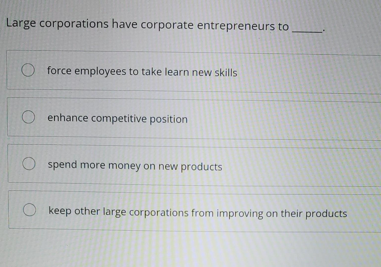 Solved Large corporations have corporate entrepreneurs to O | Chegg.com