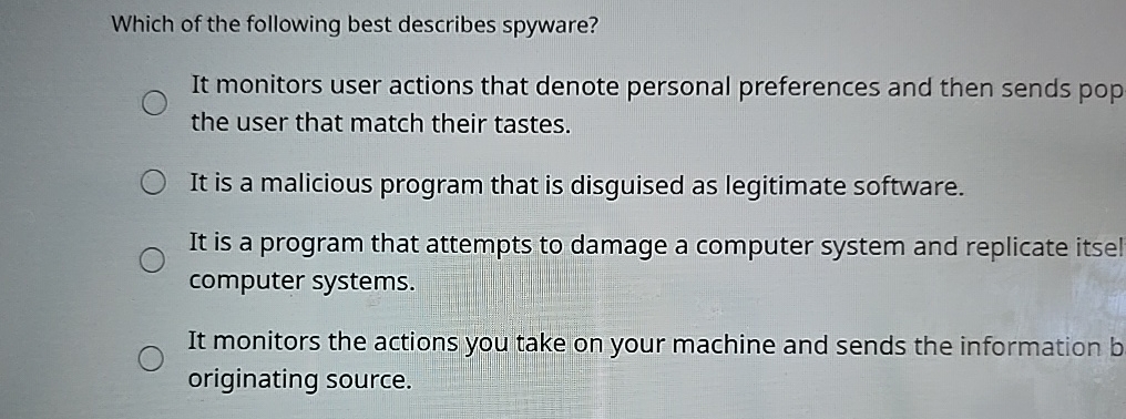 Solved Which of the following best describes spyware?It | Chegg.com