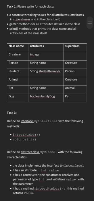 Task 1: Please write for each class: - a constructor | Chegg.com