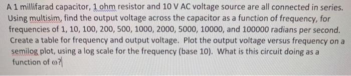Solved A 1 millifarad capacitor, 1 ohm resistor and 10 V AC | Chegg.com