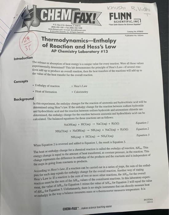 khushi R,Vidhi CHEM FAX! ! FLINN SCIENTIFIC, INCT | Chegg.com