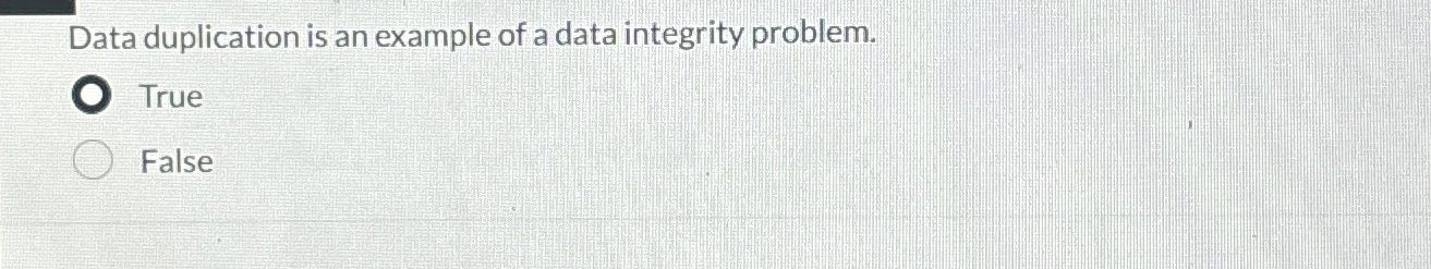Solved Data duplication is an example of a data integrity | Chegg.com