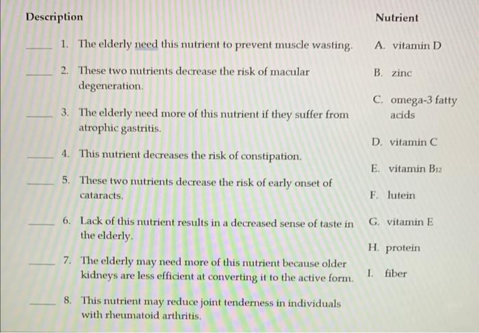 Solved Instructions: Match the letter for the nutrient on | Chegg.com