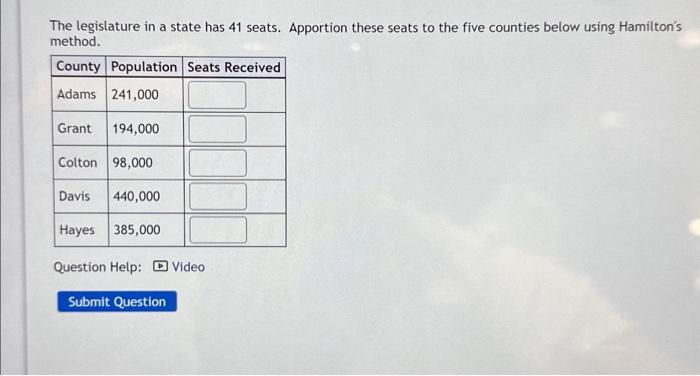 Solved The legislature in a state has 41 seats. Apportion | Chegg.com