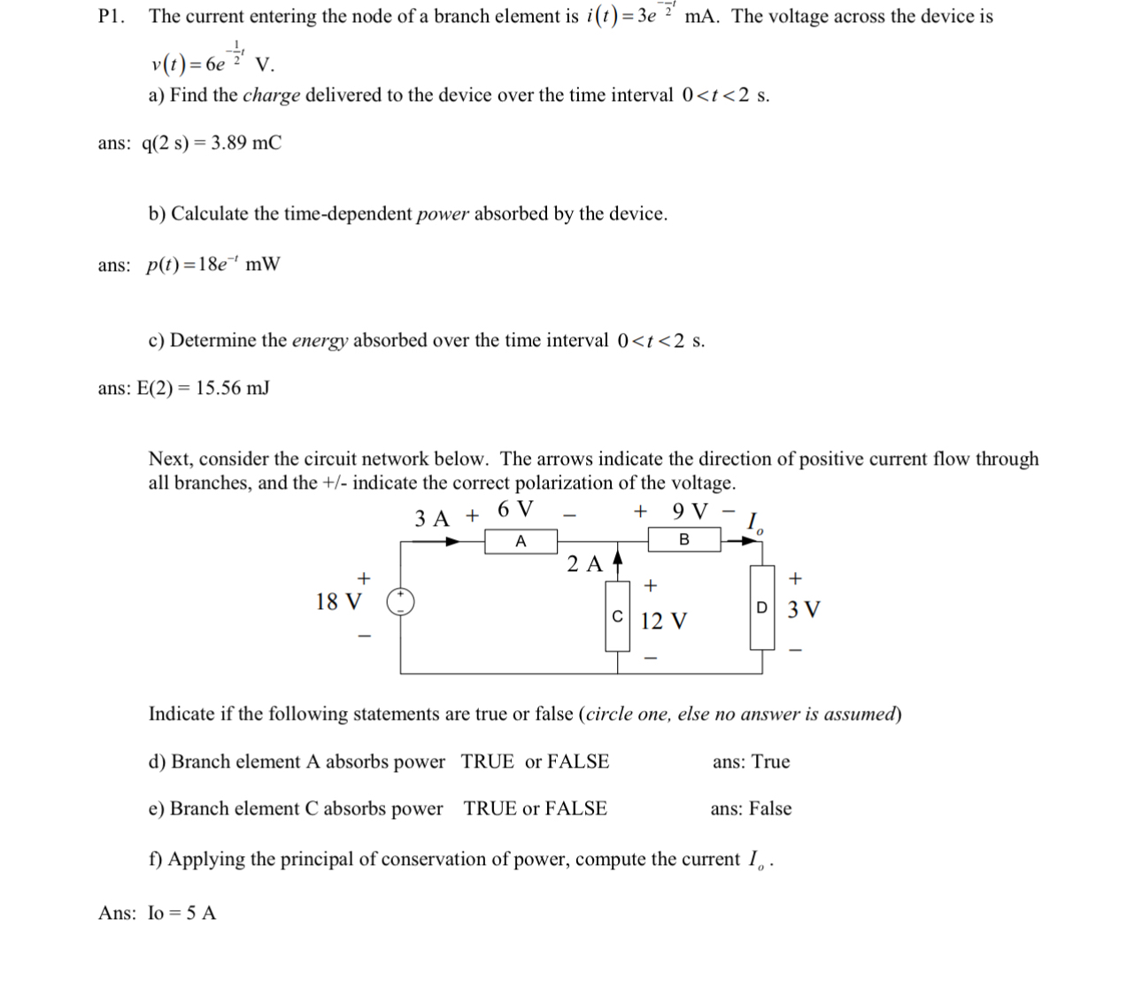 Solved P1. ﻿The current entering the node of a branch | Chegg.com