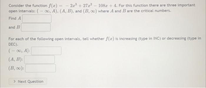 Solved Consider the function f(x)=−2x3+27x2−108x+4. For this | Chegg.com