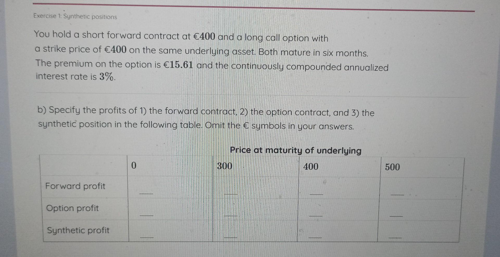 Solved Exercise 1: Synthetic positions You hold a short | Chegg.com