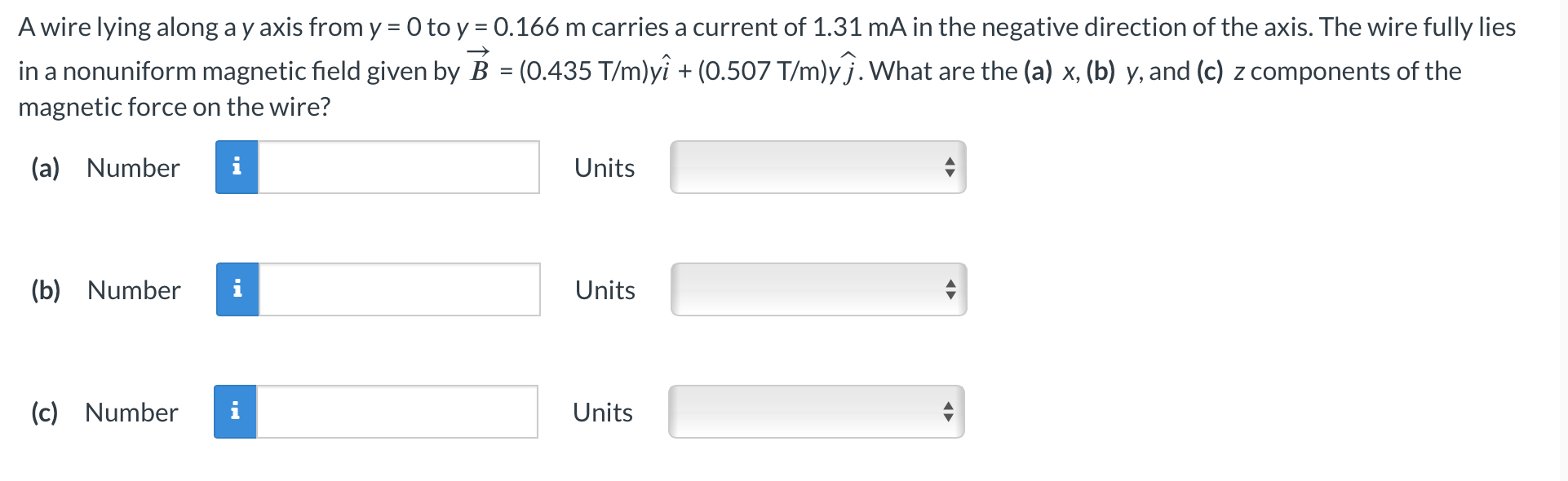 Solved A wire lying along a y ﻿axis from y=0 ﻿to y=0.166m | Chegg.com
