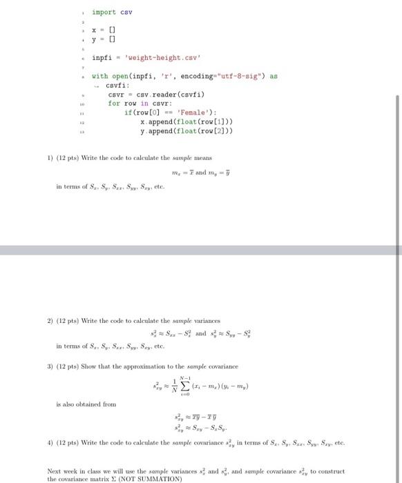 Solved import csv XO . y - 0 inpfi * 'weight-height.csv with | Chegg.com