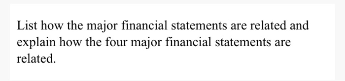 Solved List how the major financial statements are related | Chegg.com