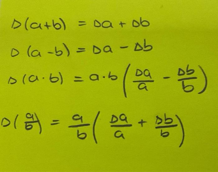 Solved Δ(a+b)=Δa+Δb Δ(a−b)=Δa−Δb Δ(a⋅b)=a⋅b(aΔa−bΔb) | Chegg.com