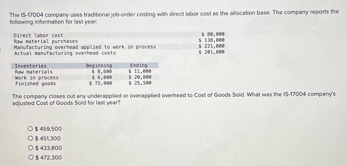 Solved The IS-17004 company uses traditional job-order | Chegg.com