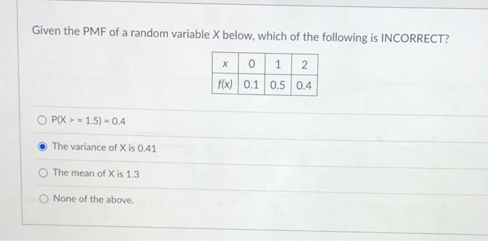 Solved Given the PMF of a random variable X below, which of | Chegg.com