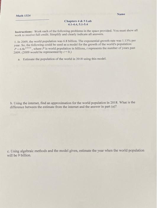 Solved Math 1324 Name Chapters 4 & 5 Lab 4.1-4.4.5.1-5.4 | Chegg.com