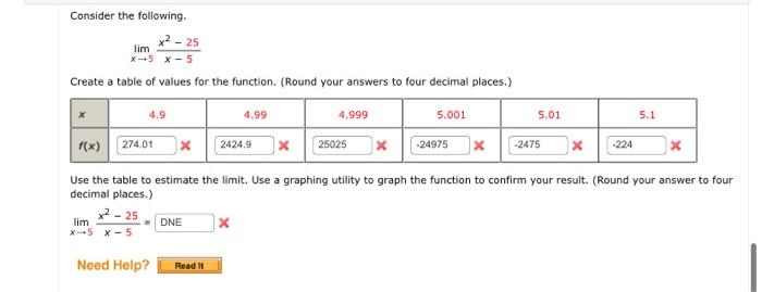 Solved Consider the following. limx→5x−5x2−25 Create a table | Chegg.com