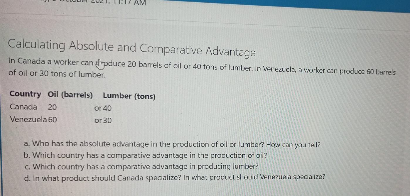 Solved AM Calculating Absolute and Comparative Advantage In | Chegg.com