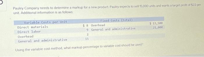 Solved Pauley Company needs to determine a markup for a new | Chegg.com