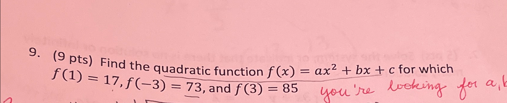 Solved (9 ﻿pts) ﻿Find the quadratic function f(x)=ax2+bx+c | Chegg.com
