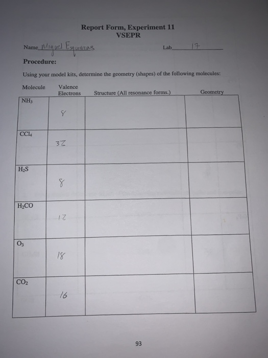 Solved Report Form Experiment 11 Vsepr Mgel Equeues Lab