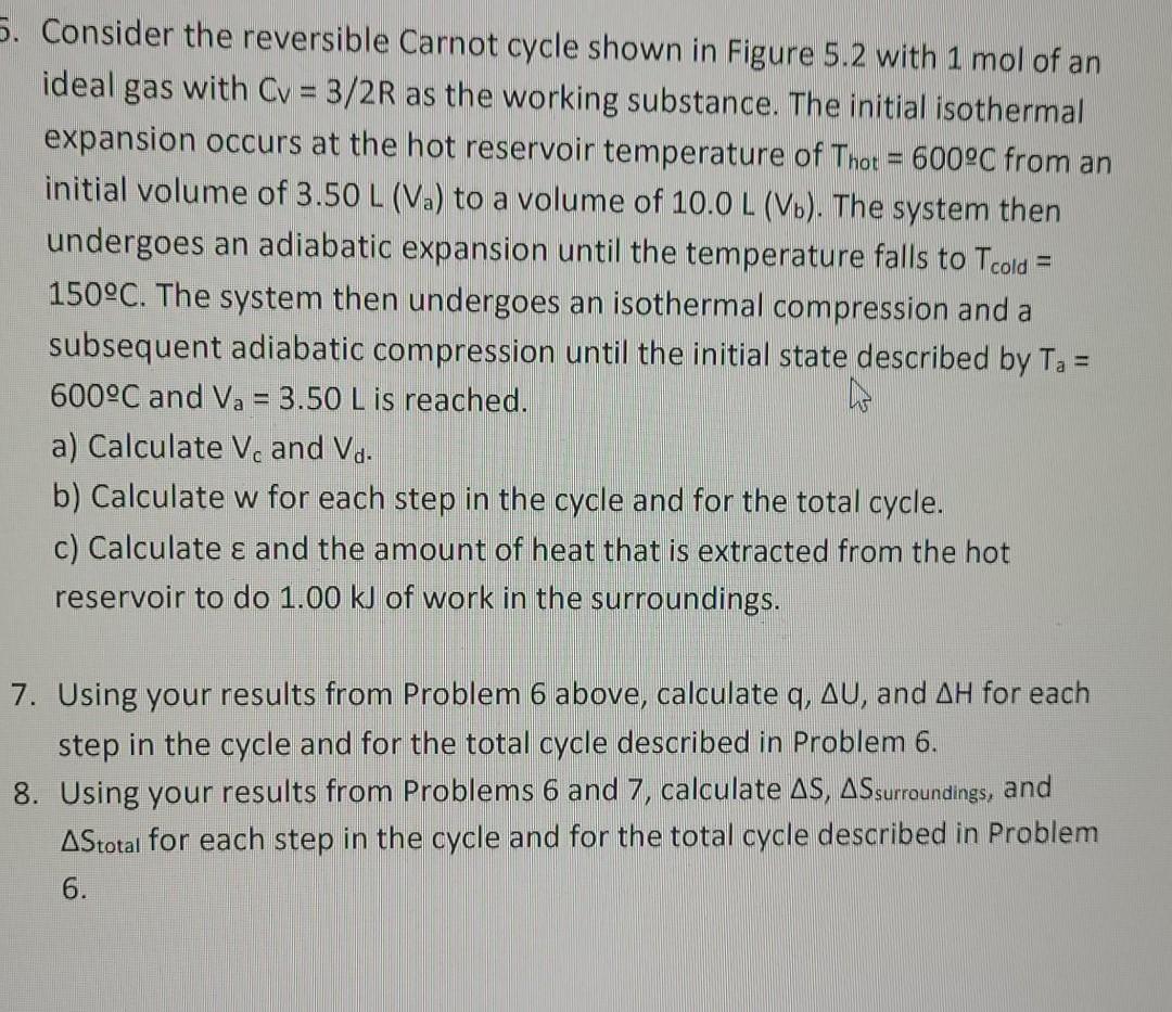 Solved 5. Consider the reversible Carnot cycle shown in | Chegg.com