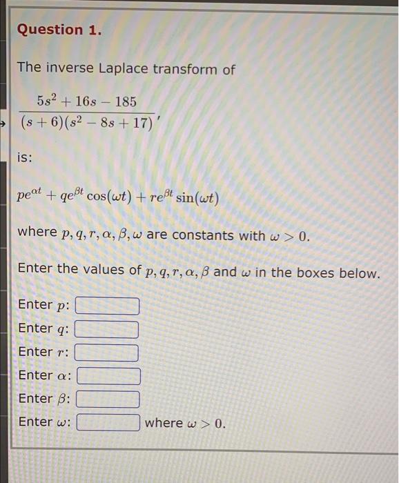 Solved Question 1. The inverse Laplace transform of | Chegg.com