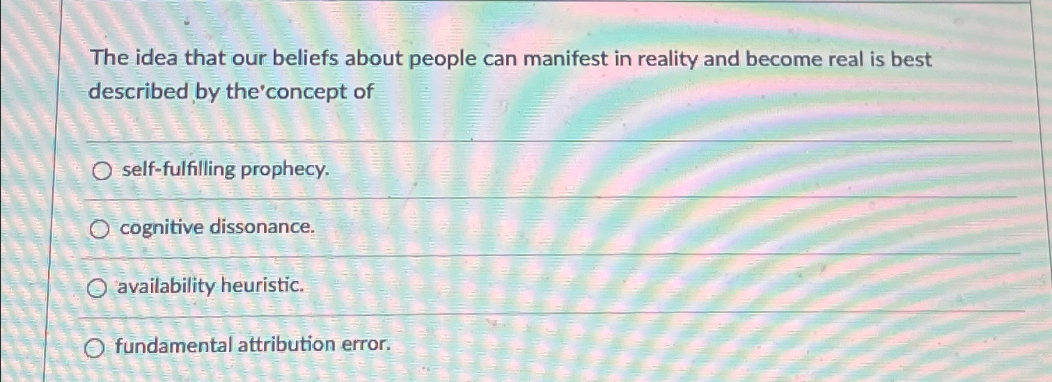 Solved The idea that our beliefs about people can manifest | Chegg.com