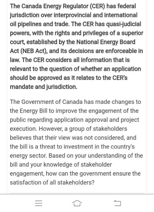 Solved The Canada Energy Regulator (CER) has federal | Chegg.com
