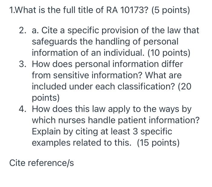 Solved 1.What is the full title of RA 10173? (5 points) 2. | Chegg.com